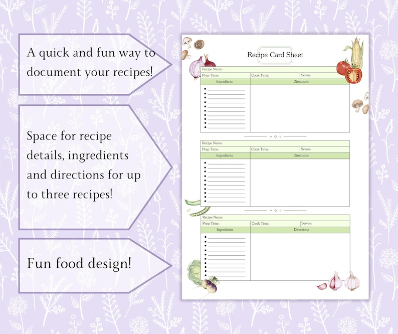 Recipe Card Sheet Printable PDF | 3 Recipes per Page | Food Journal ...