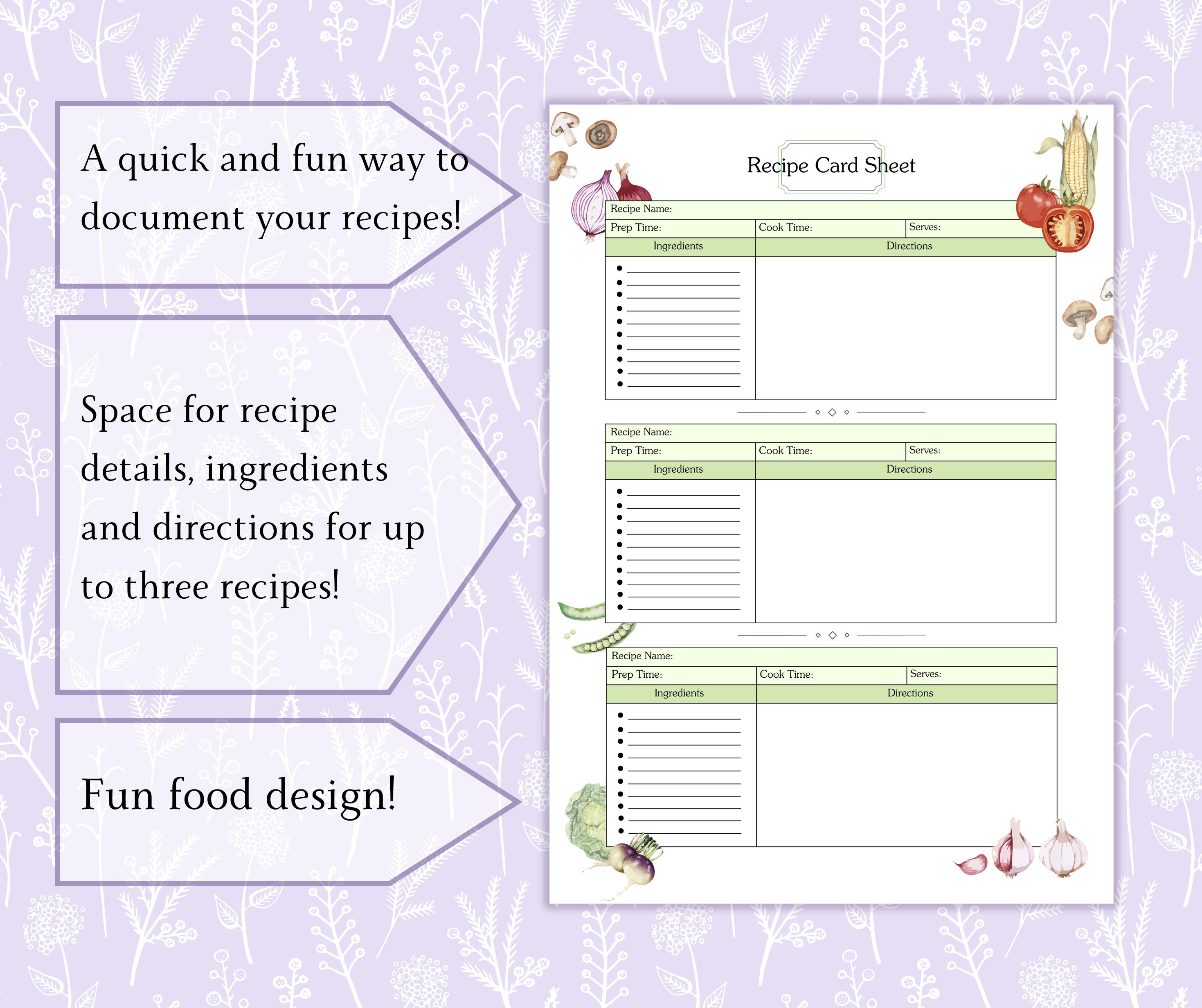 Recipe Card Sheet Printable PDF | 3 Recipes per Page | Food Journal ...