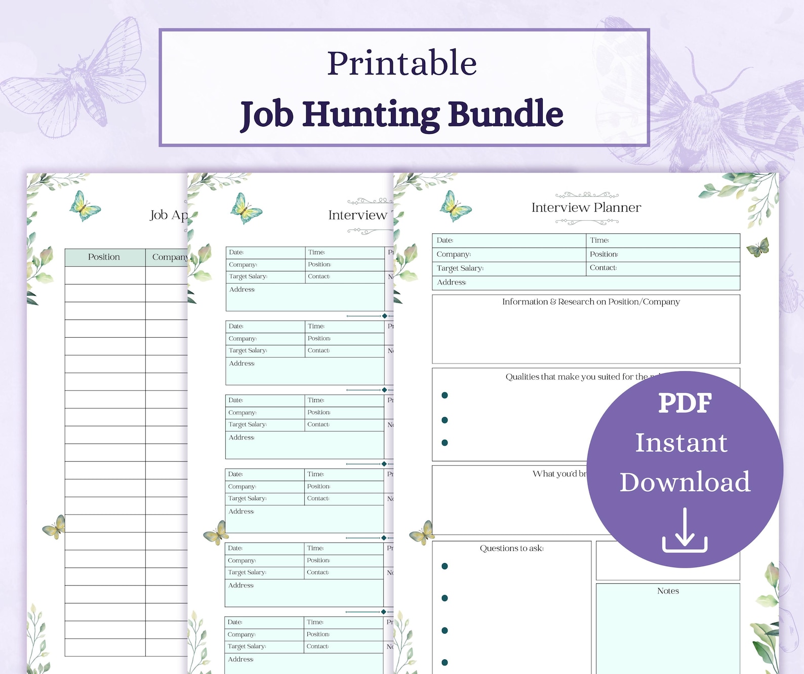 Job Hunting Bundle Printable PDF Interview Prep Job Application Tracker ...