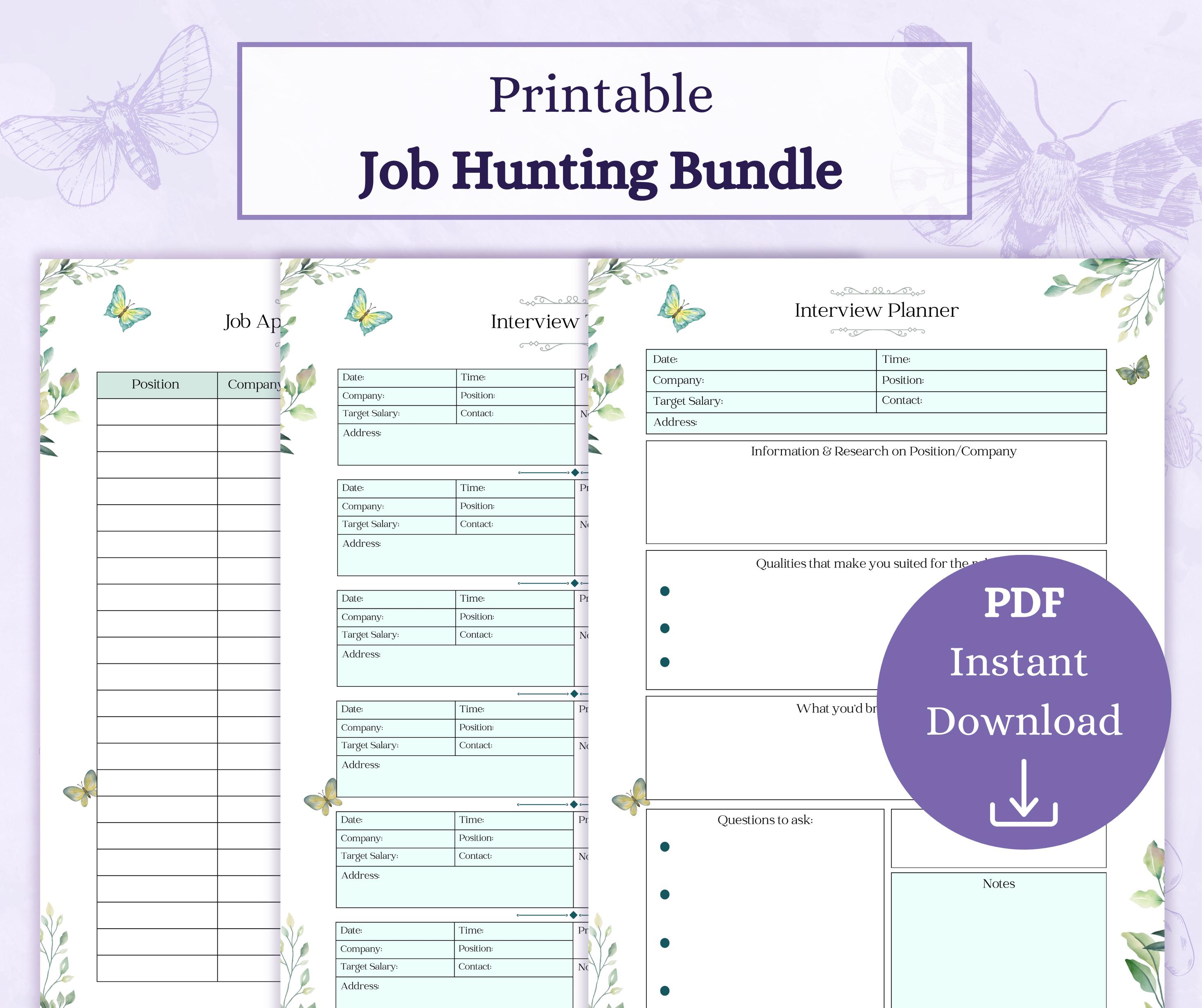 Job Hunting Bundle Printable PDF Interview Prep Job Application Tracker ...