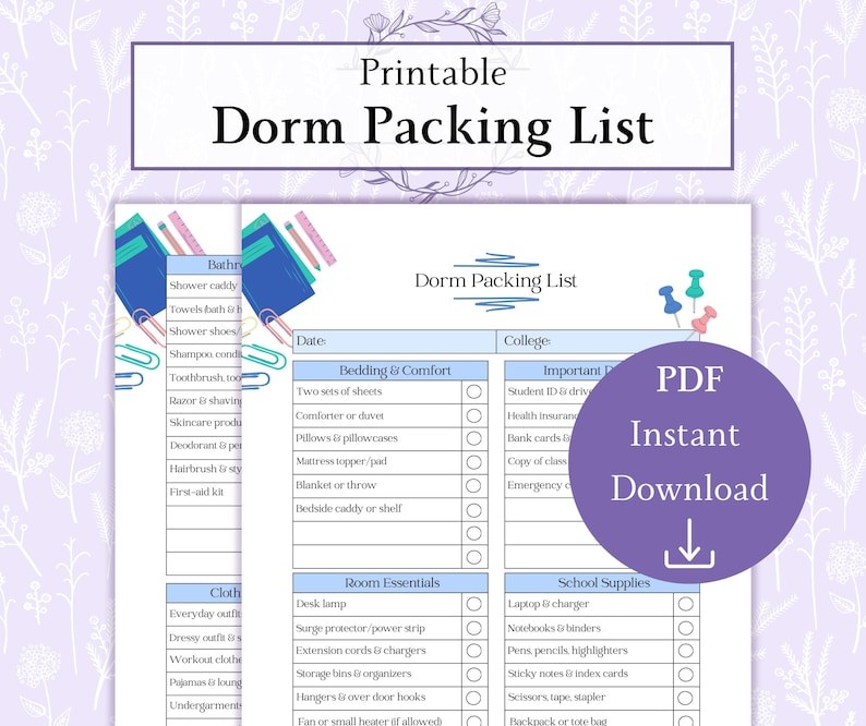 Dorm Packing List Printable PDF | College Must Haves | College Packing ...