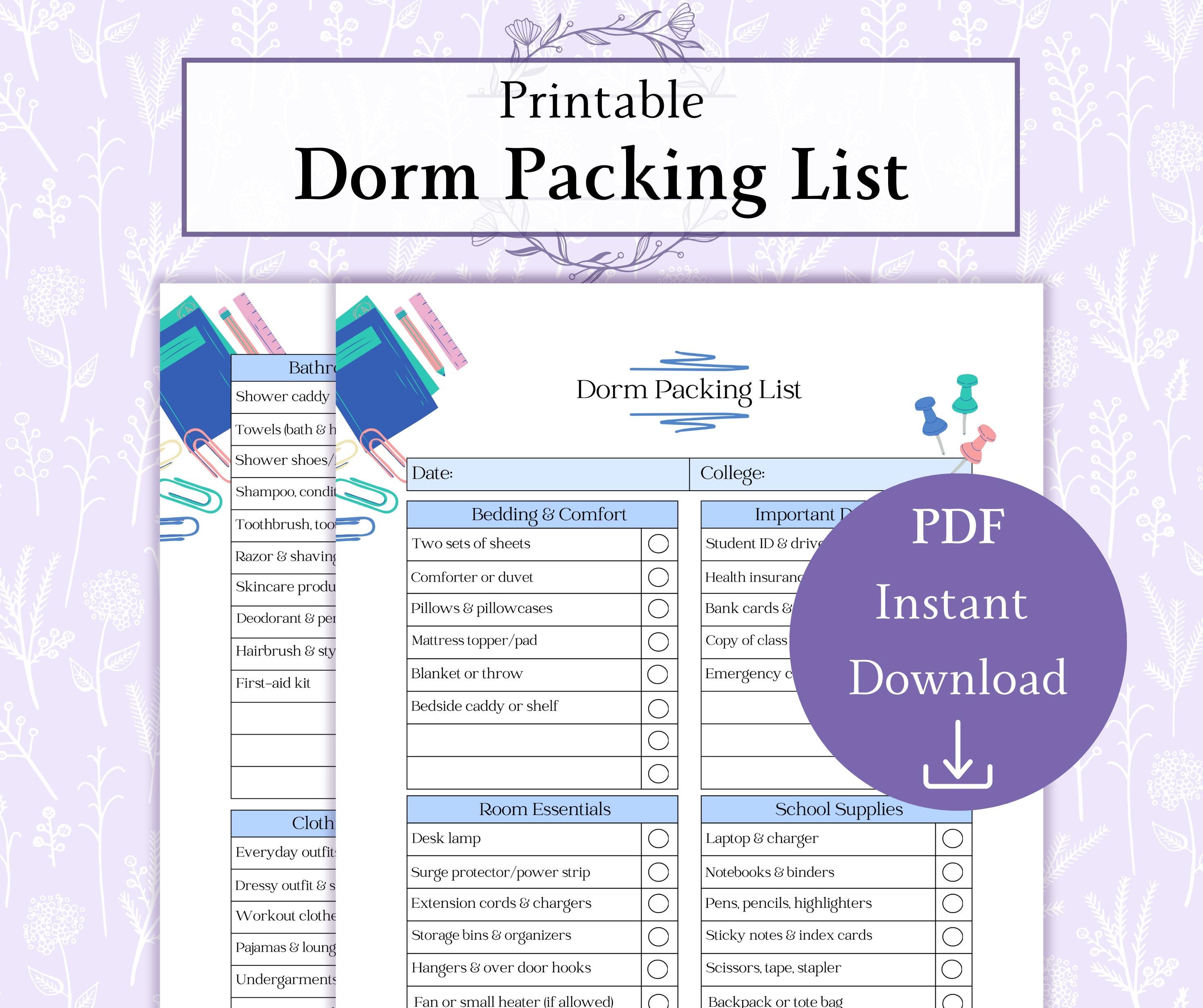 Dorm Packing List Printable PDF | College Must Haves | College Packing ...