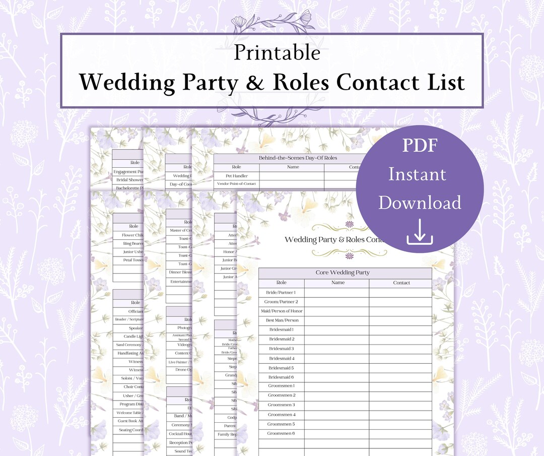 Wedding Party Roles Contact List Printable PDF, Complete Wedding Roles ...