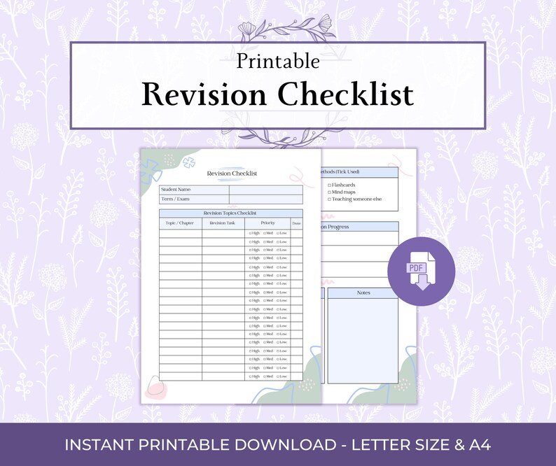Revision Checklist Printable PDF, Exam Revision Tracker, Study ...