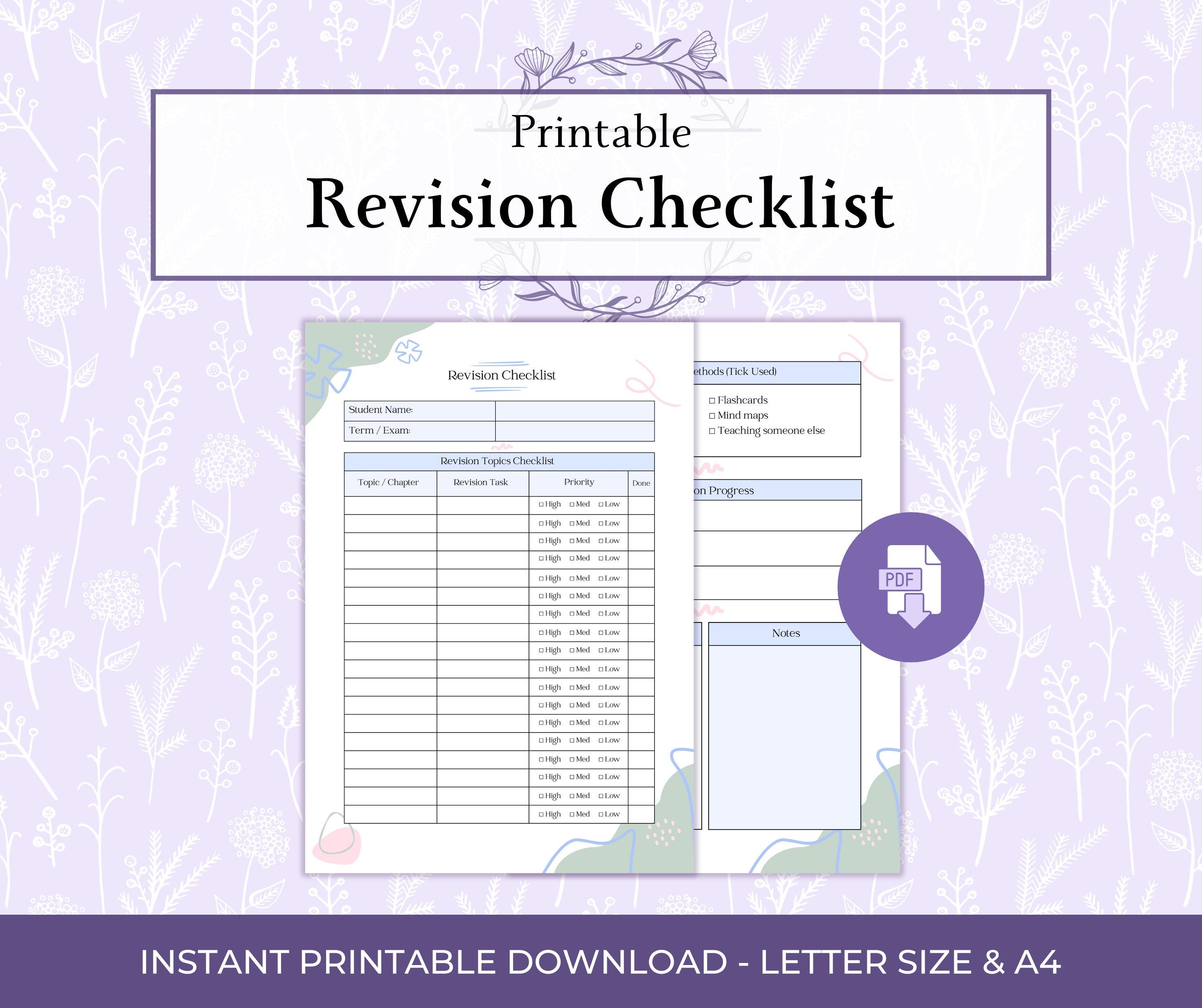 Revision Checklist Printable PDF, Exam Revision Tracker, Study ...