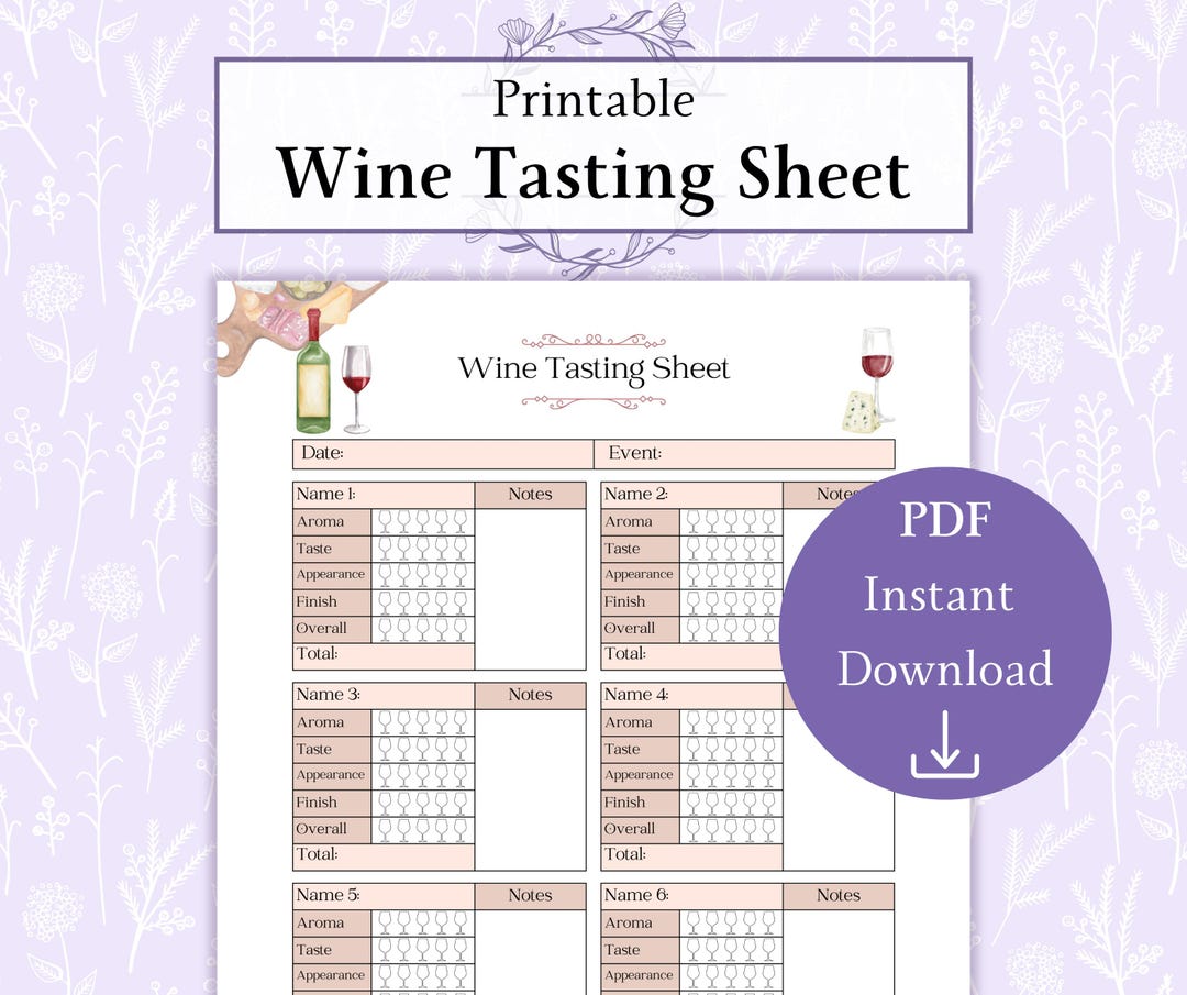 Wine Tasting Sheet Printable PDF | Blind Wine Tasting Log | Wine Journal | Wine Tasting ...