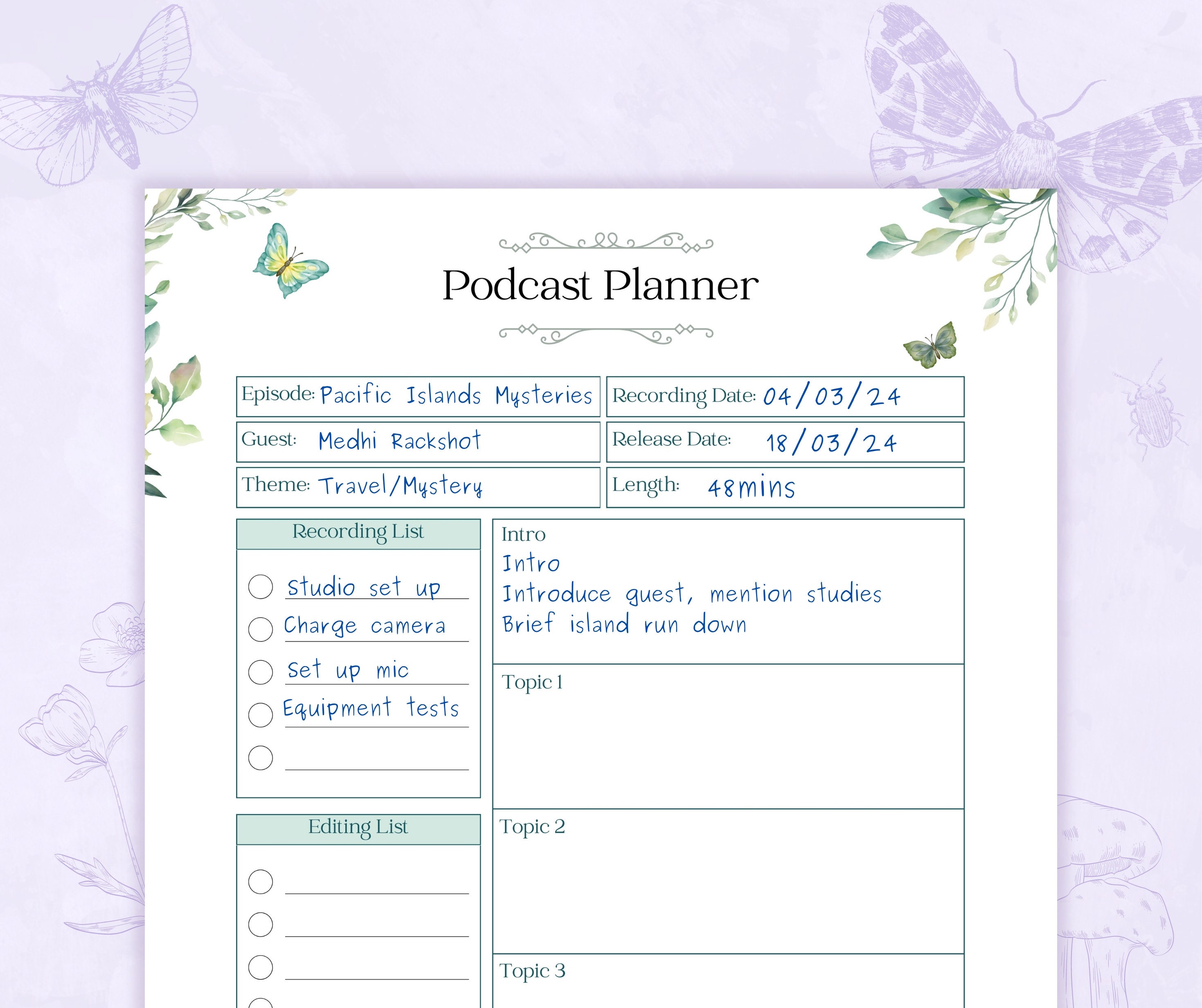Podcast Planner Printable PDF Content Creator Social Media Planner ...