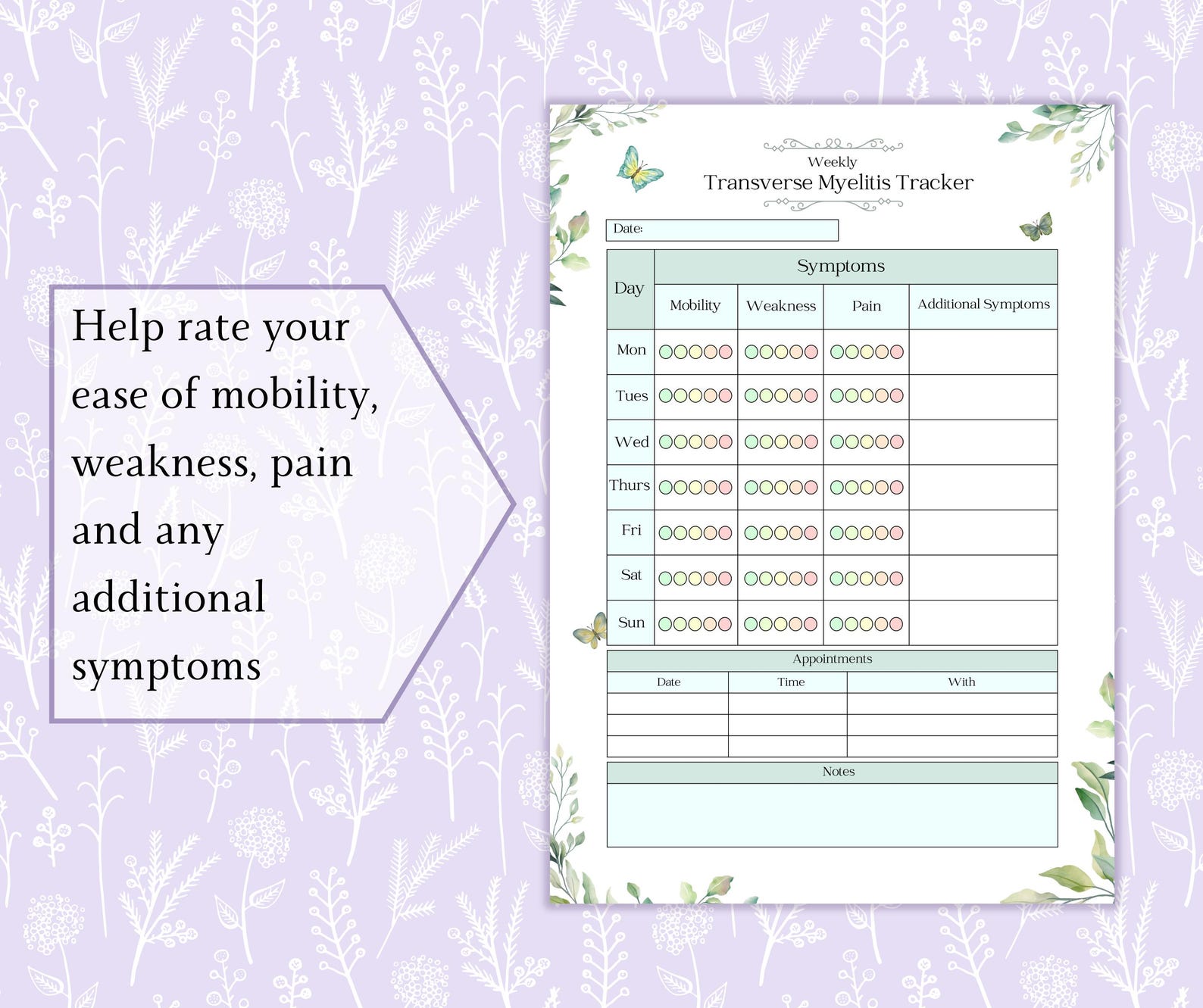 Transverse Myelitis Tracker Printable PDF | Symptom Chart | Transverse ...