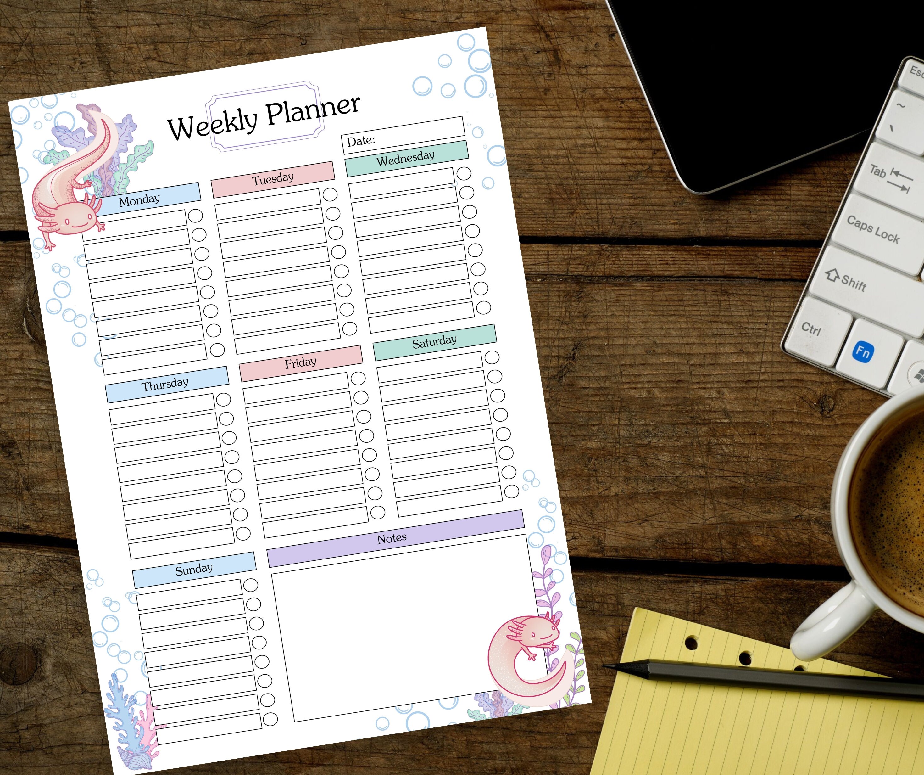 Axolotl Weekly Planner Printable PDF | Task Tracker | Weekly Axolotl Diary | Reminder Sheet ...