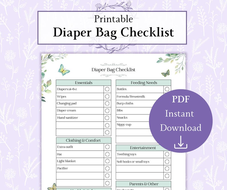 Diaper Bag Checklist Printable PDF | Baby Items Checklist | Baby Bag ...