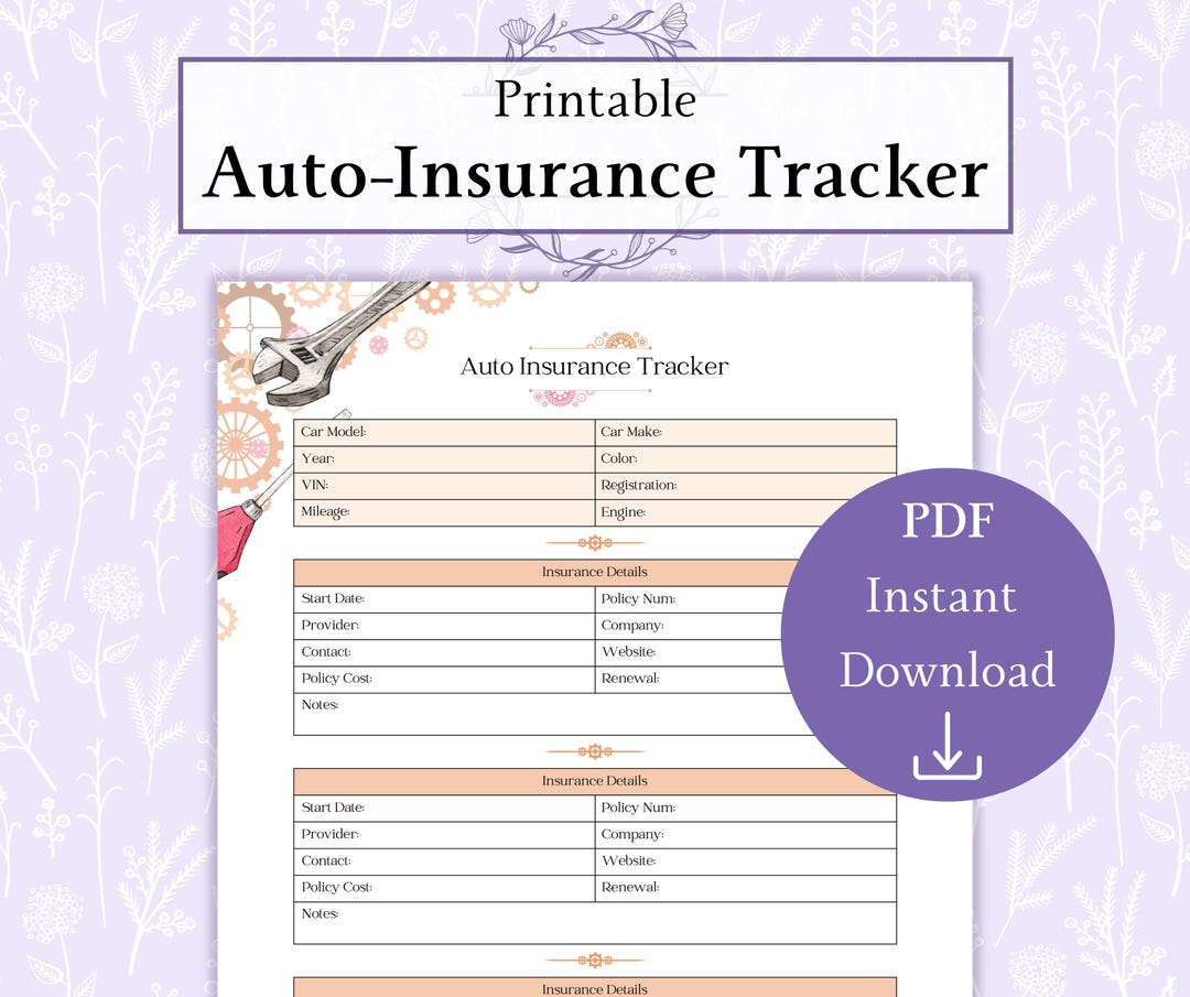 Auto Insurance Tracker Printable PDF | Car Insurance Details ...