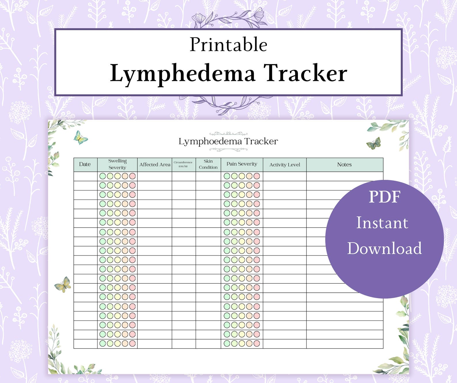 Lymphedema Tracker Printable PDF | Symptom Record Chart | Swelling ...