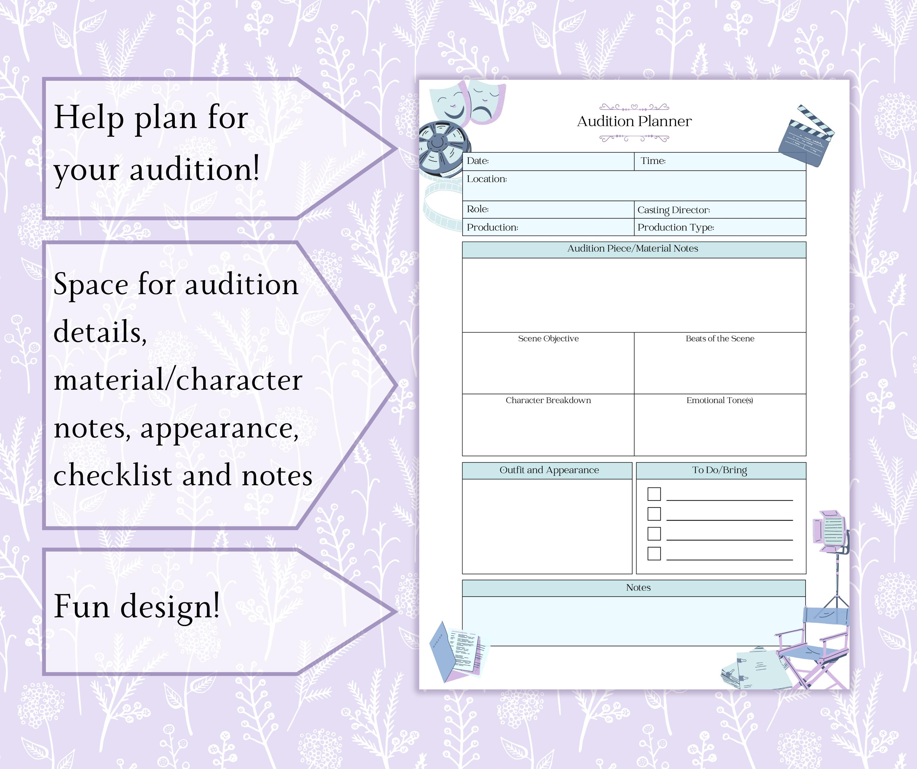 Audition Planner Printable PDF | Actor Planner | Audition Theatre Show ...