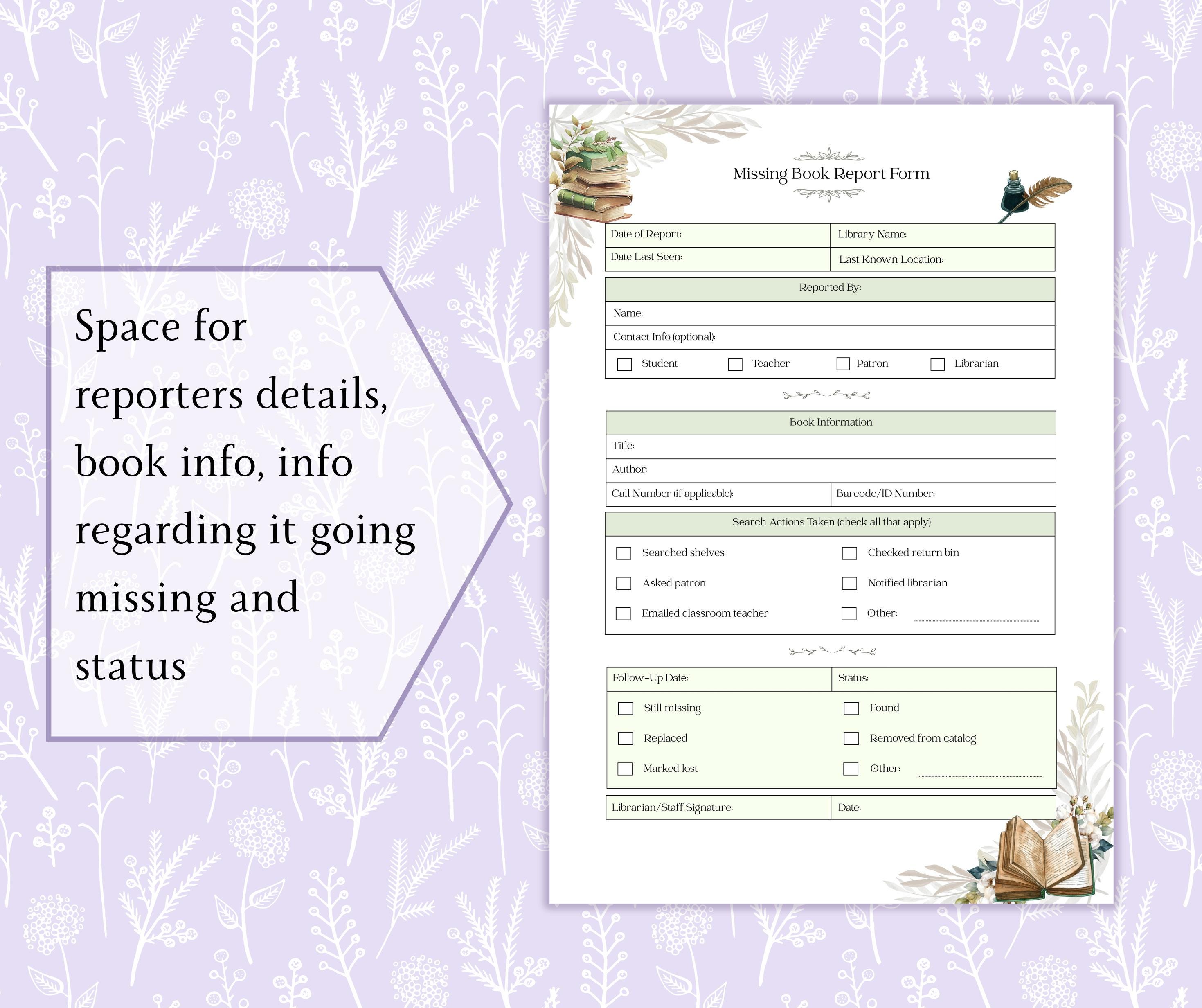 Missing Book Report Form Printable PDF | Lost Library Book Report Sheet ...