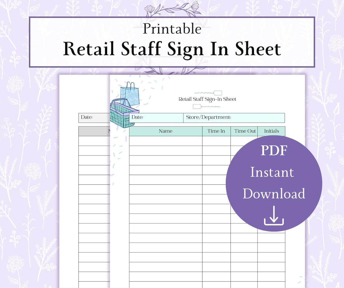 Retail Staff Sign in Sheet Printable PDF | Employee Schedule Sheet ...