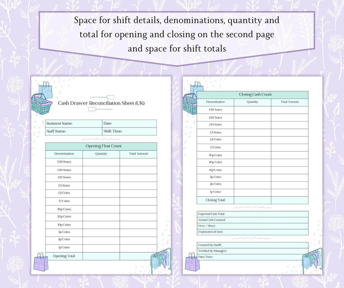 Cash Drawer Reconciliation Sheet Printable PDF | Cash Drawer Sheet ...