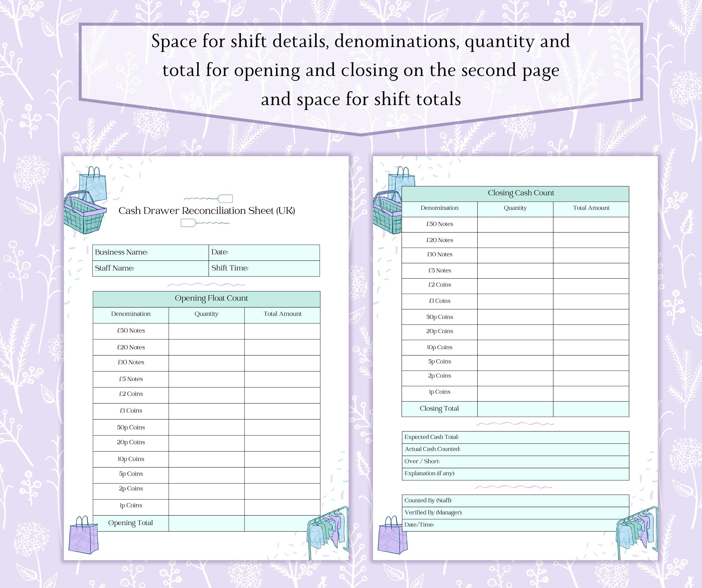 Cash Drawer Reconciliation Sheet Printable PDF | Cash Drawer Sheet ...