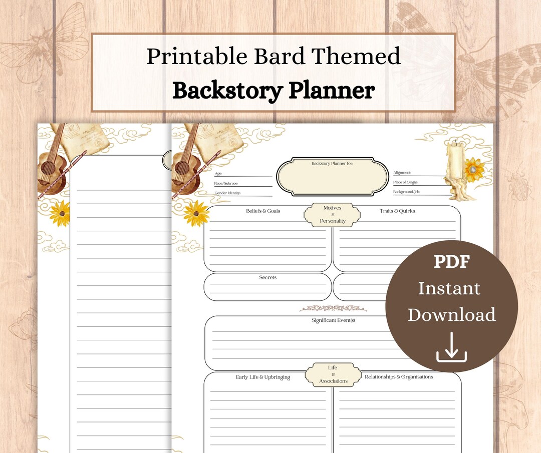 Bard Character Backstory Printable PDF | Bard Character Planner Sheet ...