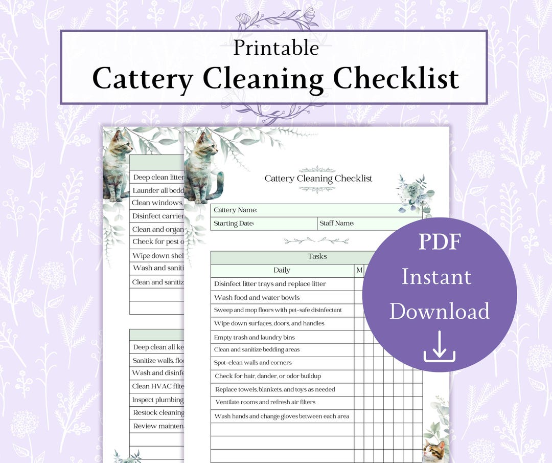 Cattery Cleaning Checklist Printable PDF, Cat Boarding Cleaning ...