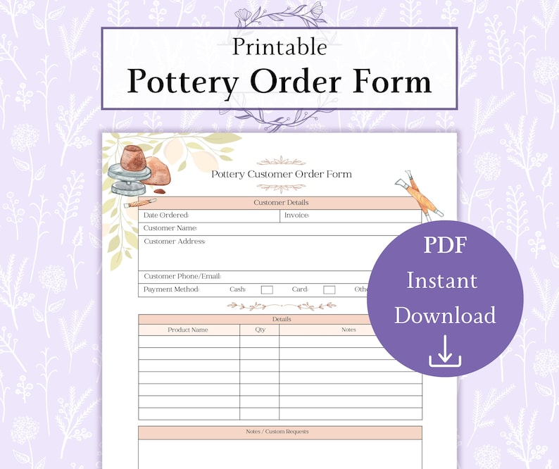 Pottery Order Form Printable PDF, Custom Pottery Order Sheet, Ceramic ...