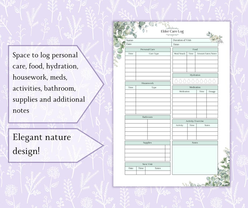 Elder Care Log Printable PDF | Caregiver Daily Log | Caregiver Report ...
