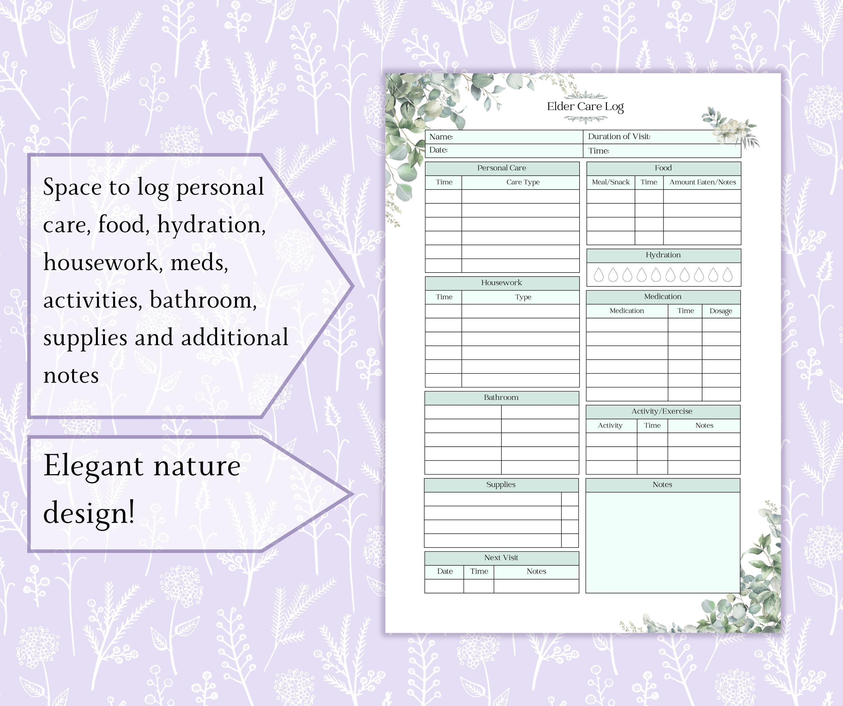 Elder Care Log Printable PDF | Caregiver Daily Log | Caregiver Report ...
