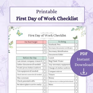 First Day of Work Checklist Printable PDF | New Job Checklist | Career ...