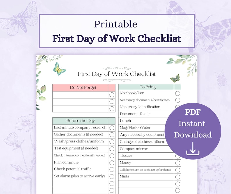 First Day of Work Checklist Printable PDF | New Job Checklist | Career ...