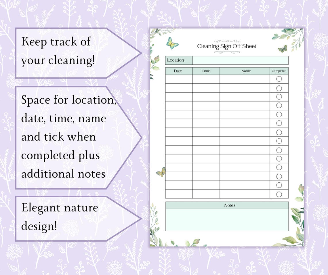 Cleaning Sign off Sheet Printable PDF | Cleaning Schedule | Cleaning ...