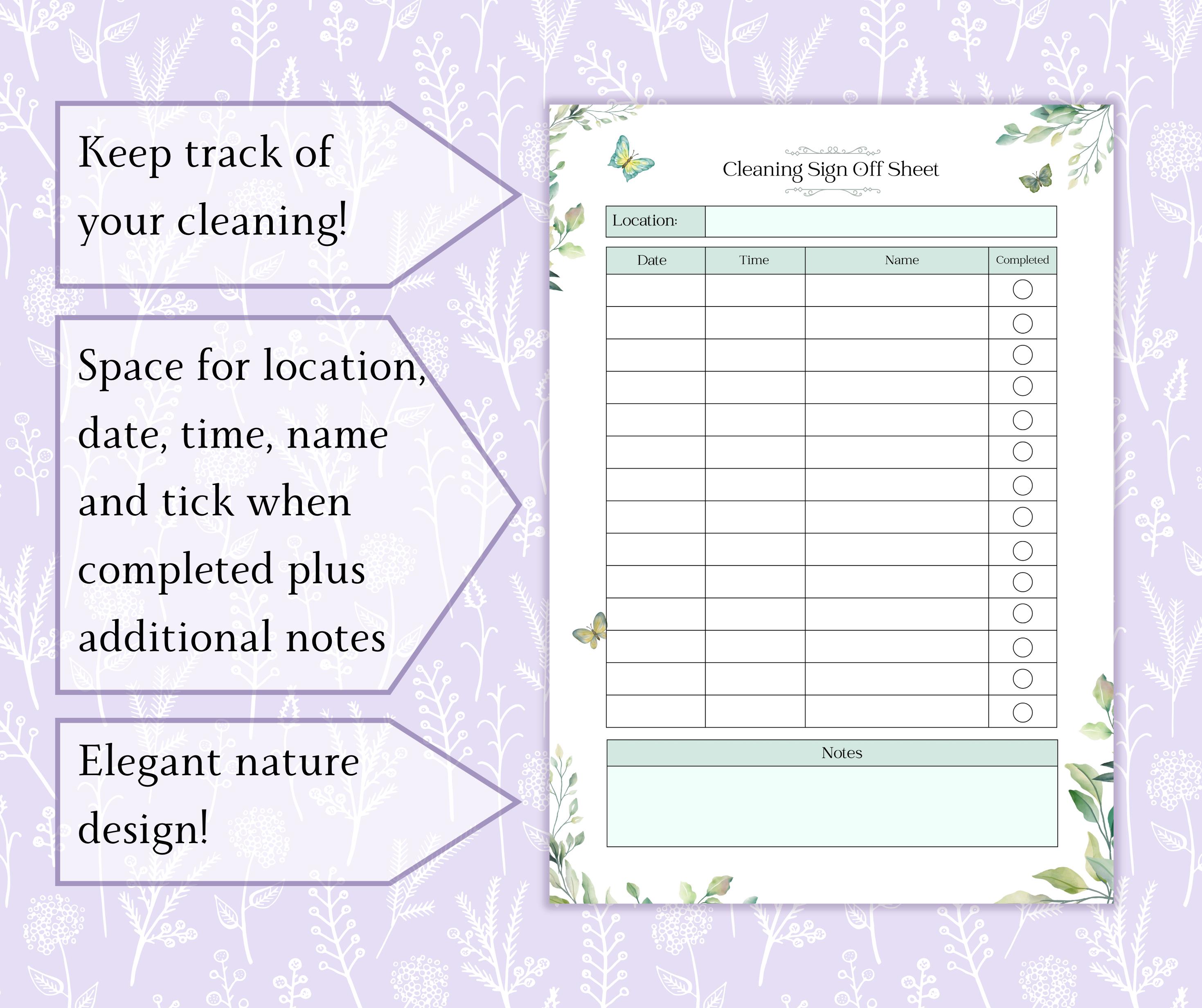 Cleaning Sign off Sheet Printable PDF | Cleaning Schedule | Cleaning ...