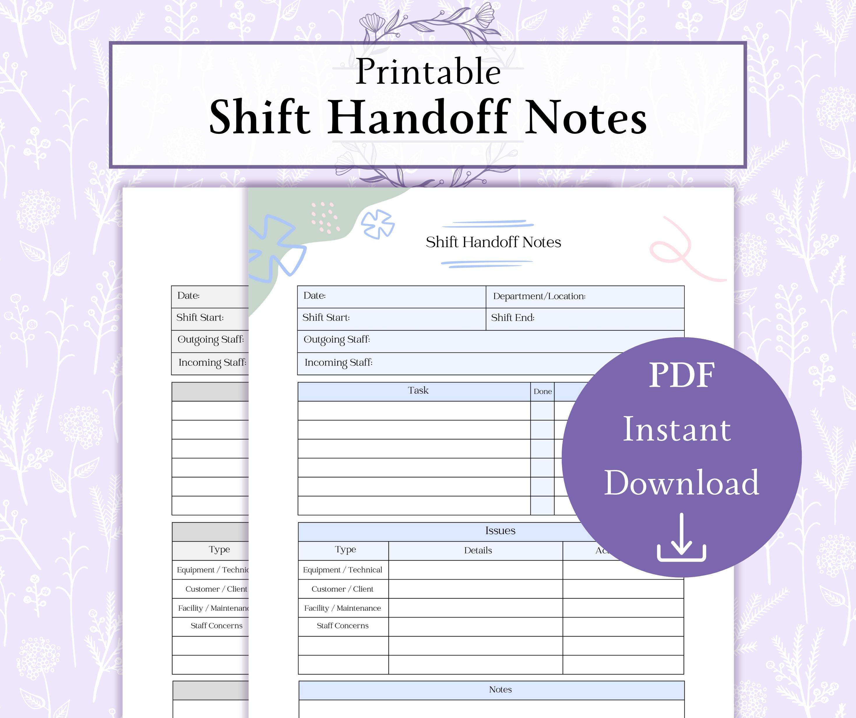 Shift Handoff Notes Printable PDF | Shift Change Log | Employee Shift ...