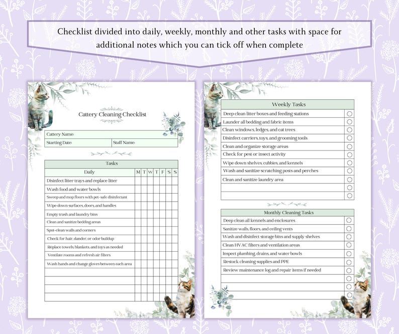 Cattery Cleaning Checklist Printable PDF, Cat Boarding Cleaning ...