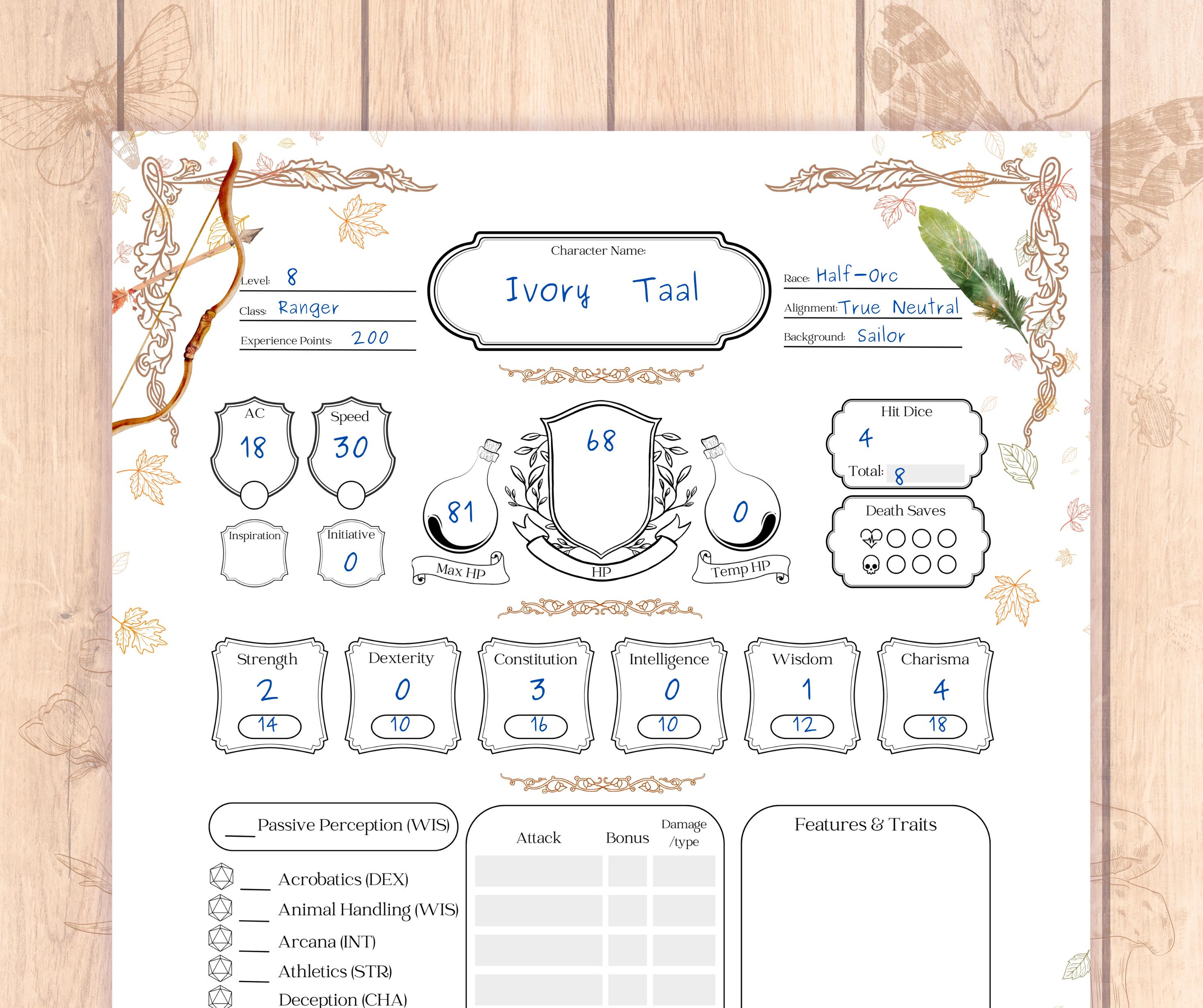 Ranger Dnd Character Sheet Printable PDF | Dnd Character Notes Ranger ...