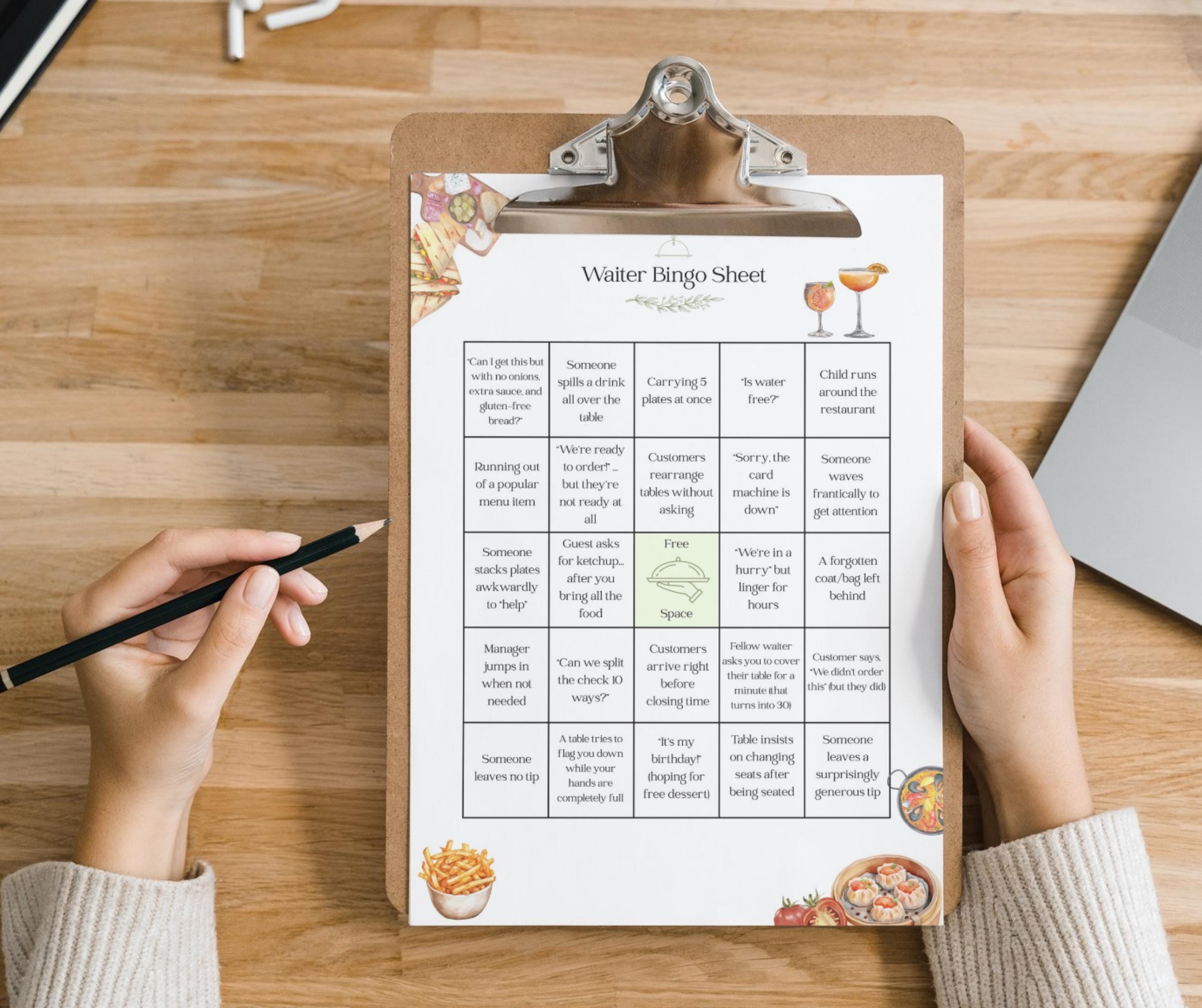 Waiter Bingo Sheet Printable PDF, Restaurant Server Game, Funny Waiter ...