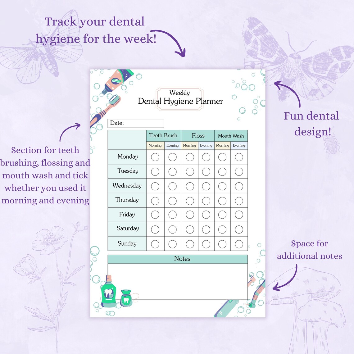 Dental Hygiene Planner Printable PDF | Weekly Teeth Brushing Tracker ...