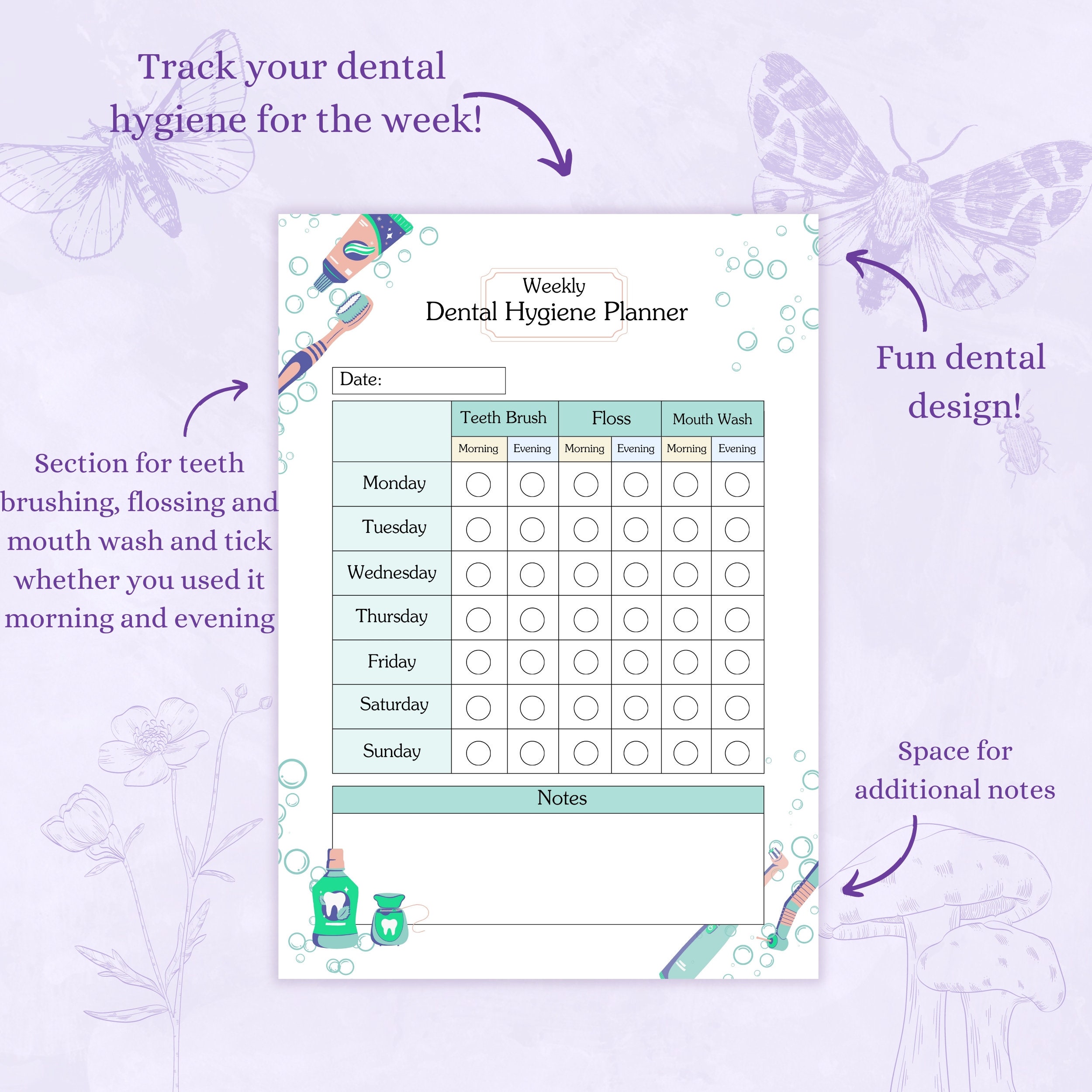 Dental Hygiene Planner Printable PDF | Weekly Teeth Brushing Tracker ...