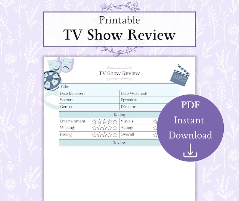 TV Show Review Printable PDF | TV Show Tracker | Tv Journal Record | Tv ...