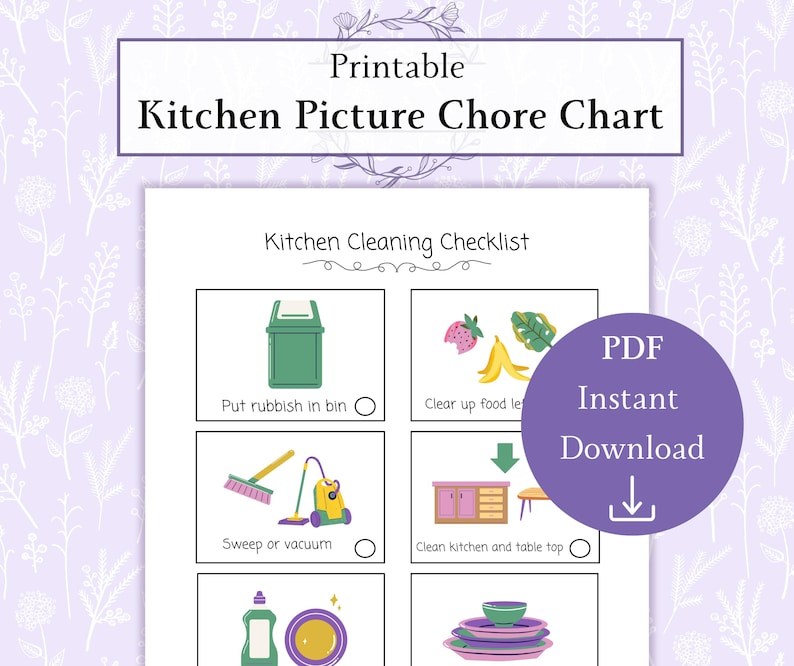 Kitchen Picture Chore Chart for Kids Printable PDF | Kitchen Cleaning ...