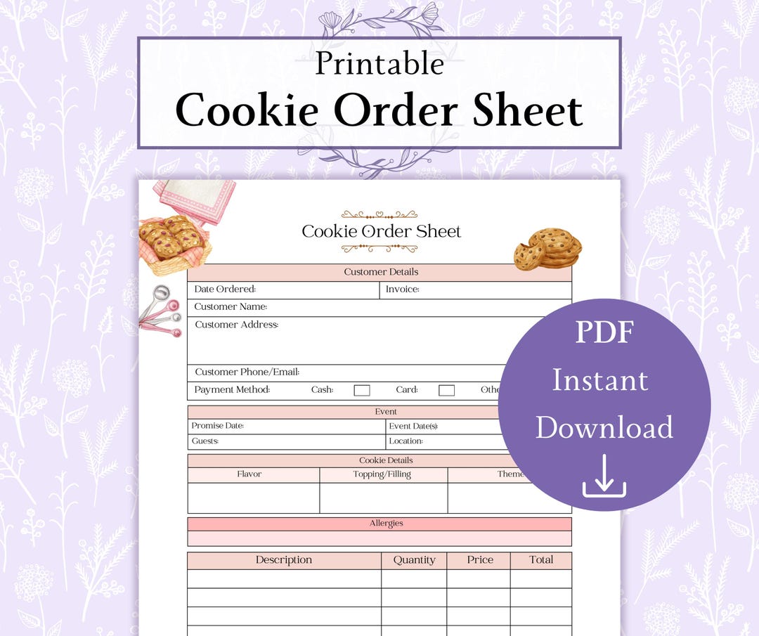 Cookie Order Form Printable PDF | Bakery Order Form Template | Food ...