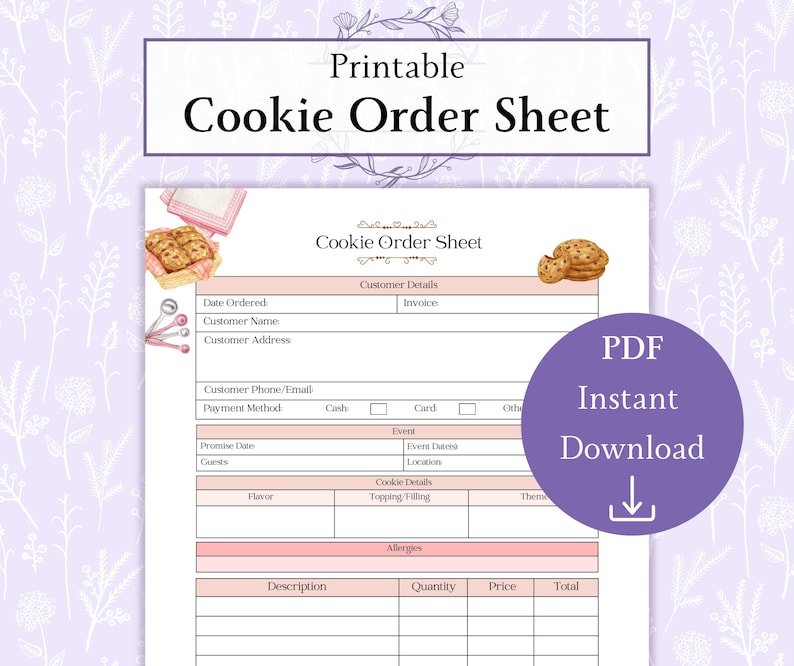 Cookie Order Form Printable PDF | Bakery Order Form Template | Food ...