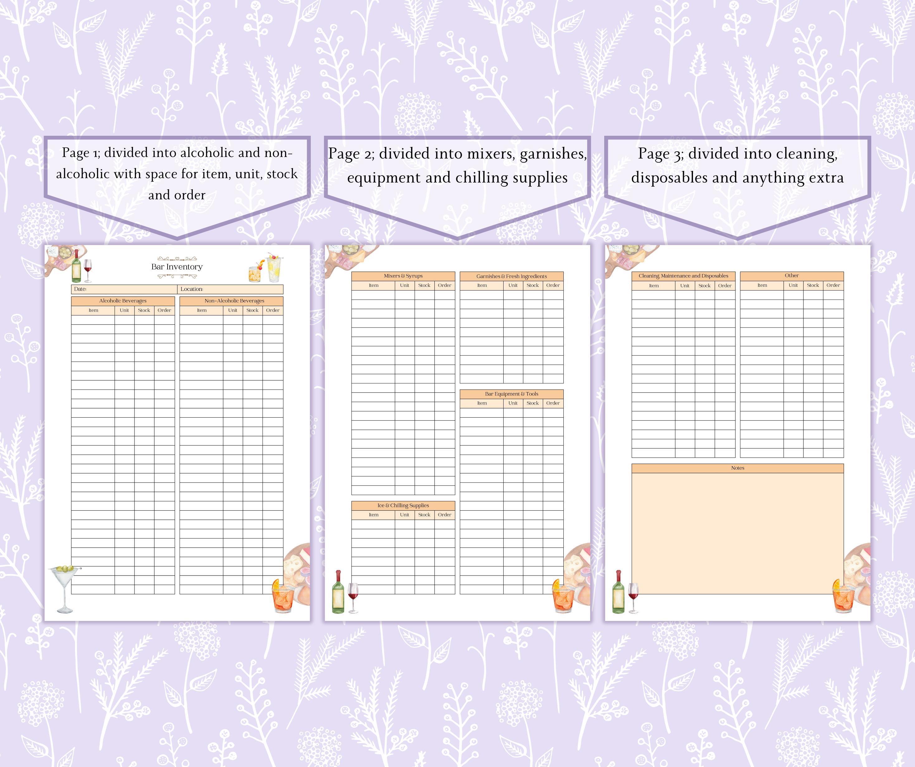 Bar Inventory Sheet Printable PDF | Bar Checklist | Bartender Reorder ...