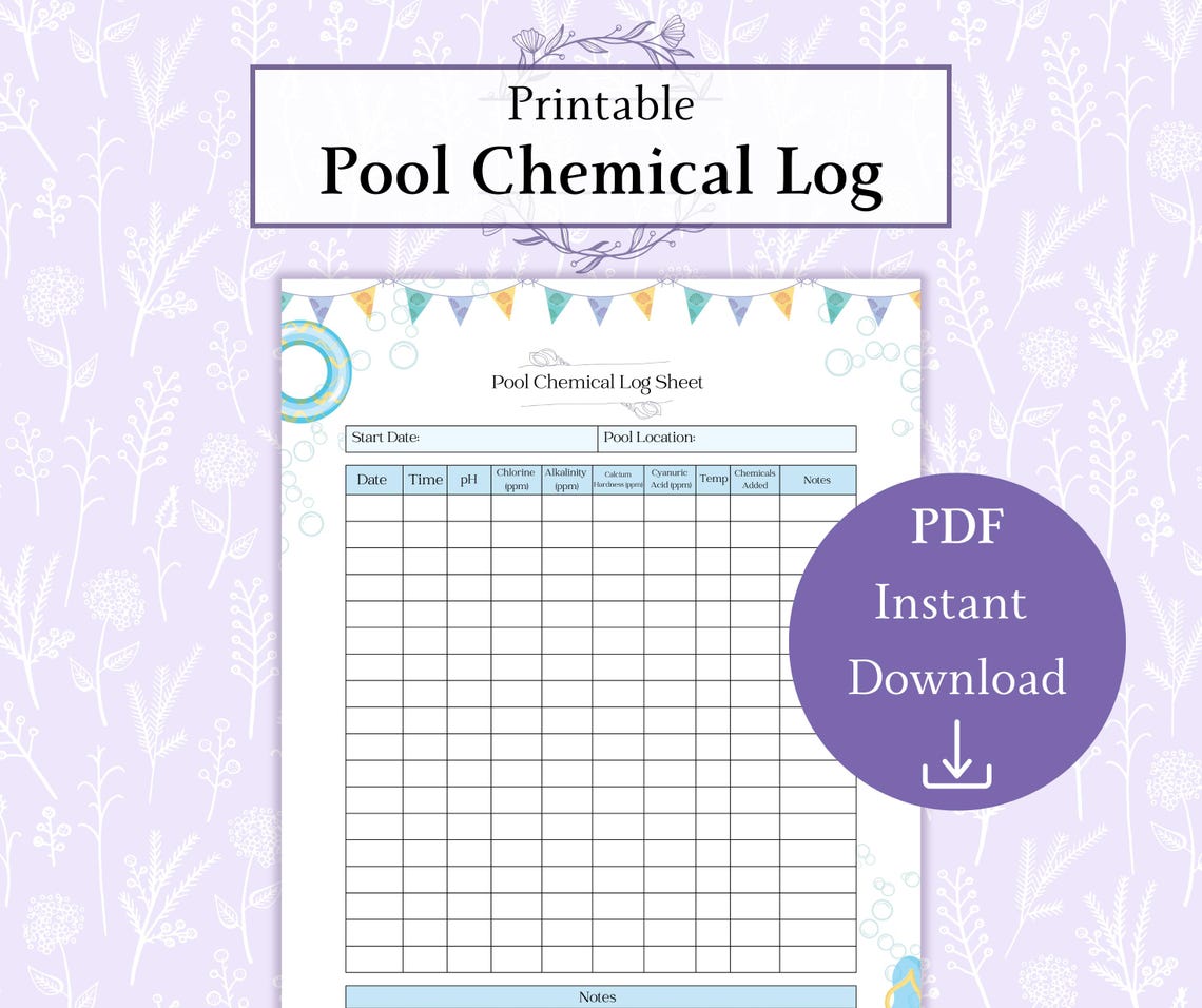 Pool Chemical Log Sheet Printable PDF | Pool Balance Tracker | Swimming ...