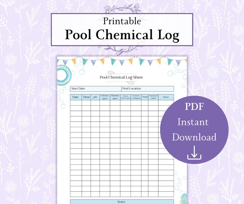 Pool Chemical Log Sheet Printable PDF | Pool Balance Tracker | Swimming ...