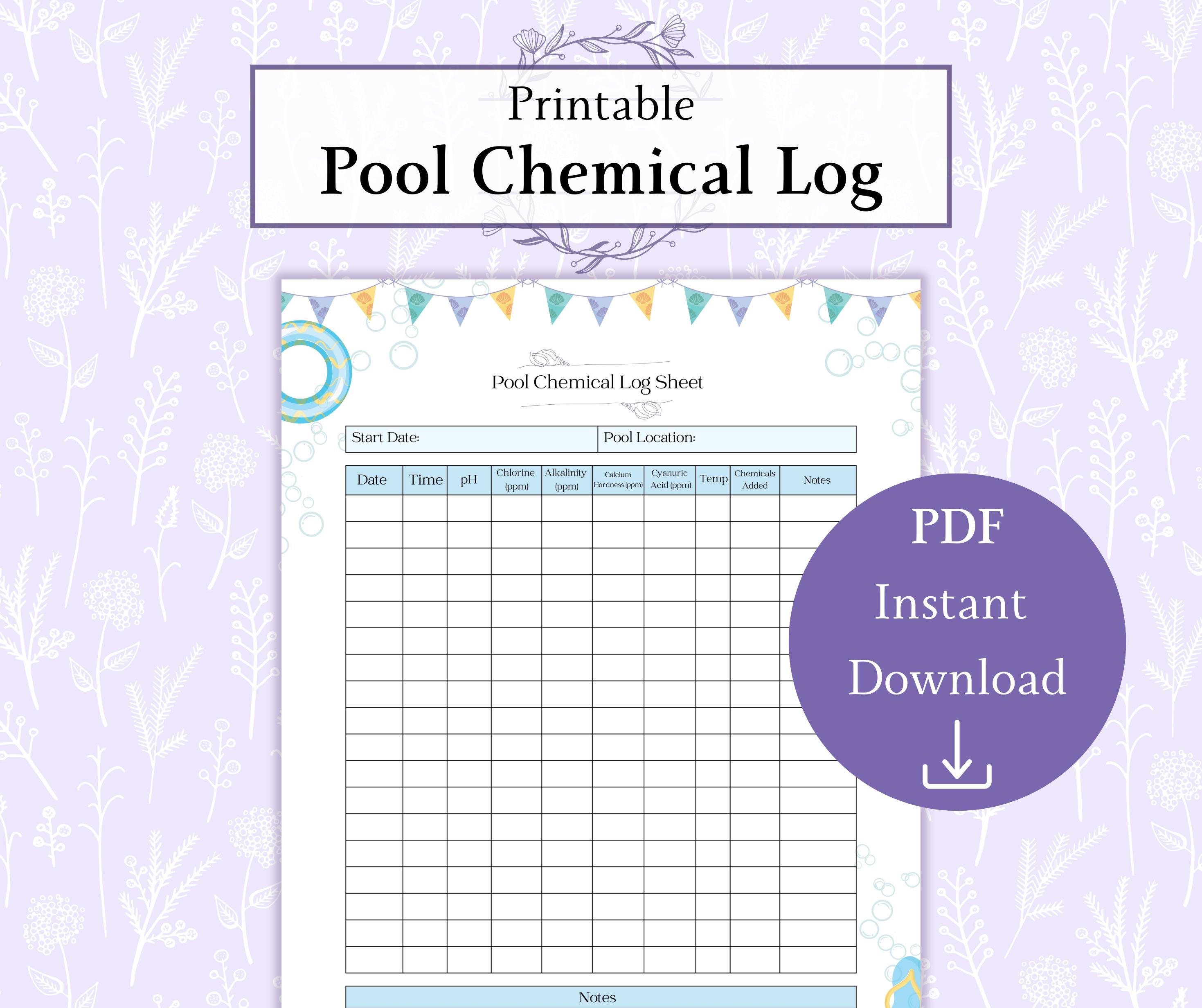 Pool Chemical Log Sheet Printable PDF | Pool Balance Tracker | Swimming ...
