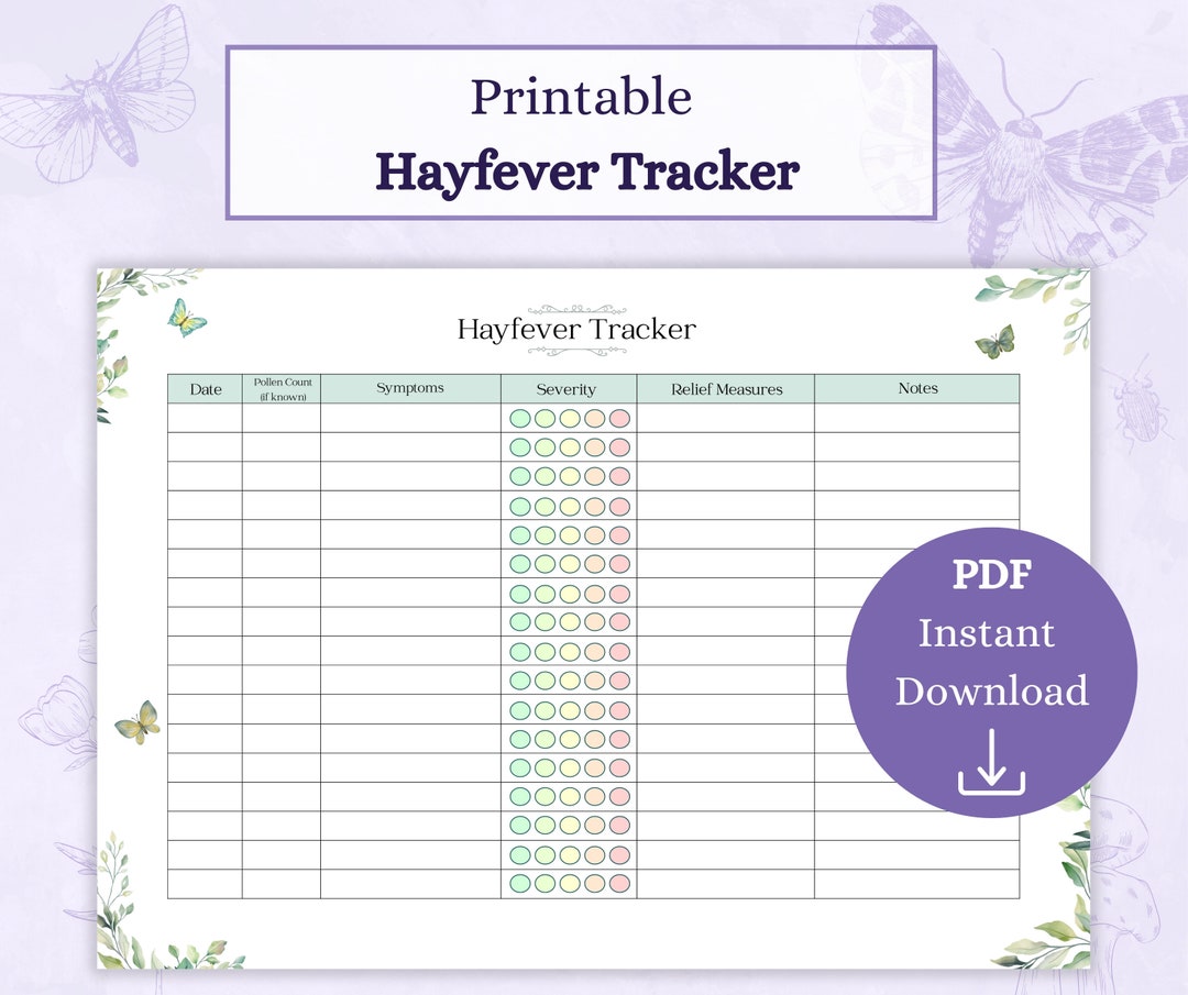 Hayfever Tracker Printable PDF | Hay Fever Symptom Tracker | Pollen ...