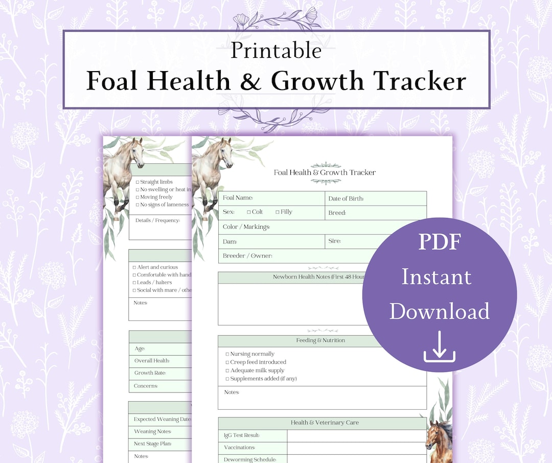 Foal Health and Growth Tracker Printable PDF, Newborn Foal Care Log and ...