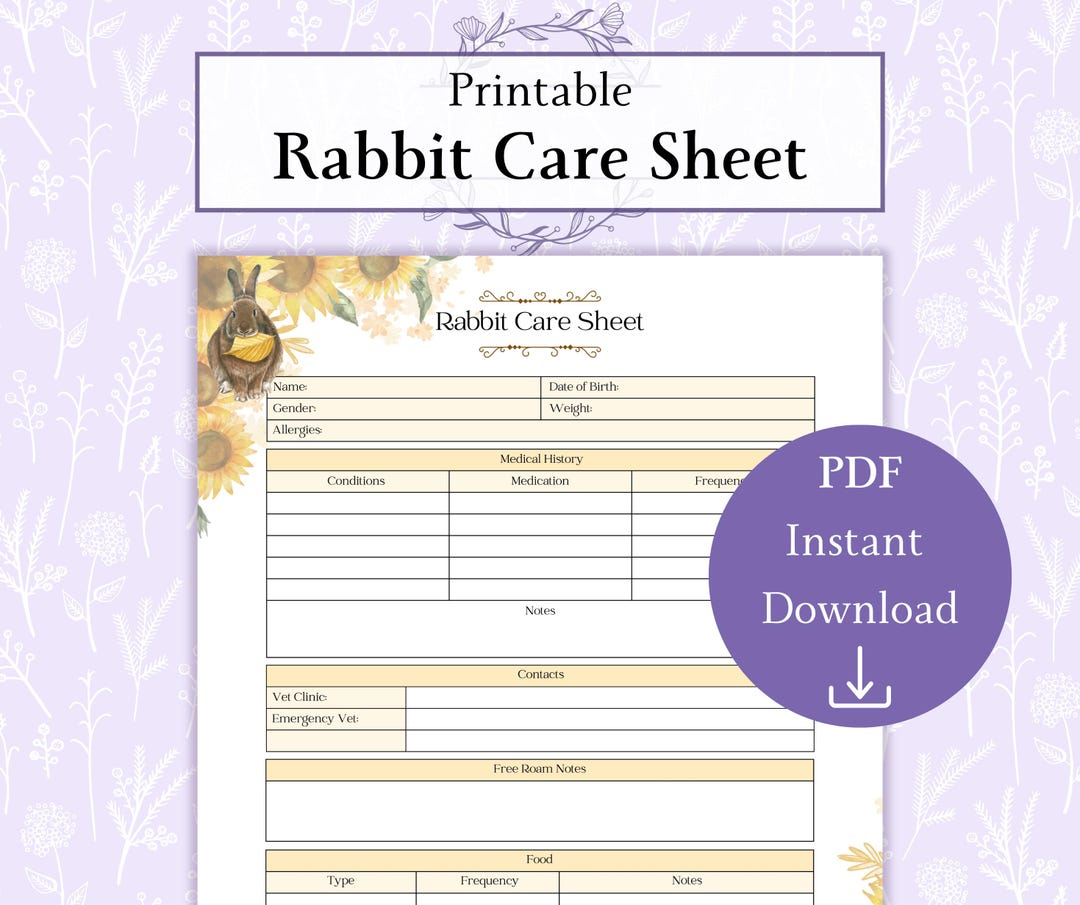 Rabbit Care Sheet Printable PDF | Bunny Care Guide | Rabbit Care ...