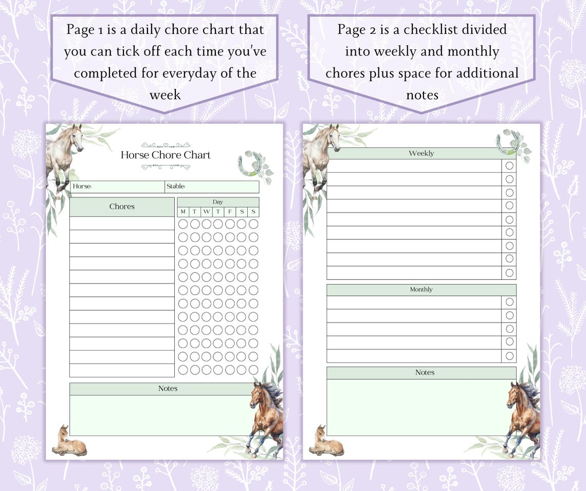 Horse Chore Chart Printable PDF | Equine Chore Chart | Horse Care ...