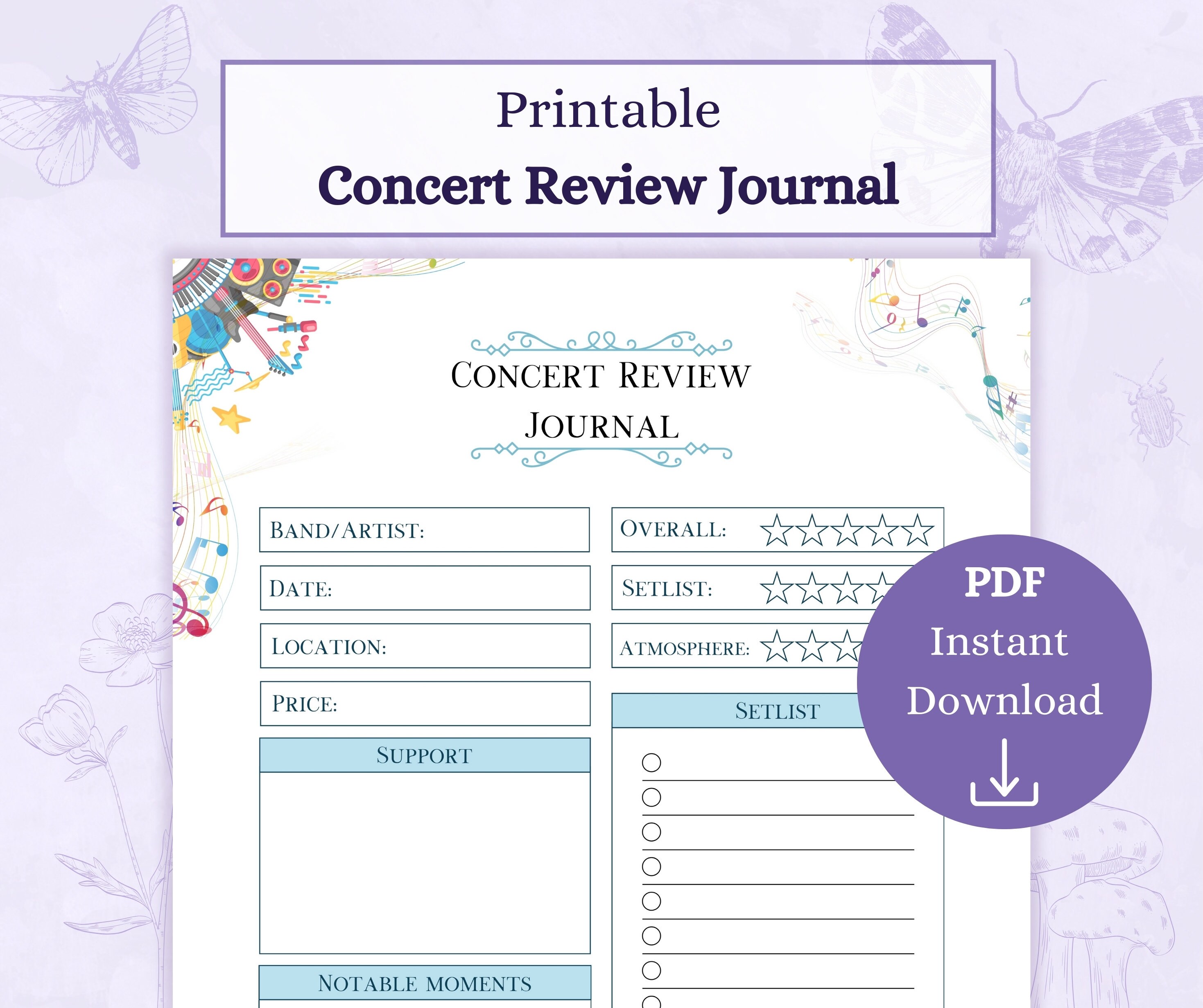 Concert Journal Review Printable PDF | Gig Tracker | Concert Diary ...