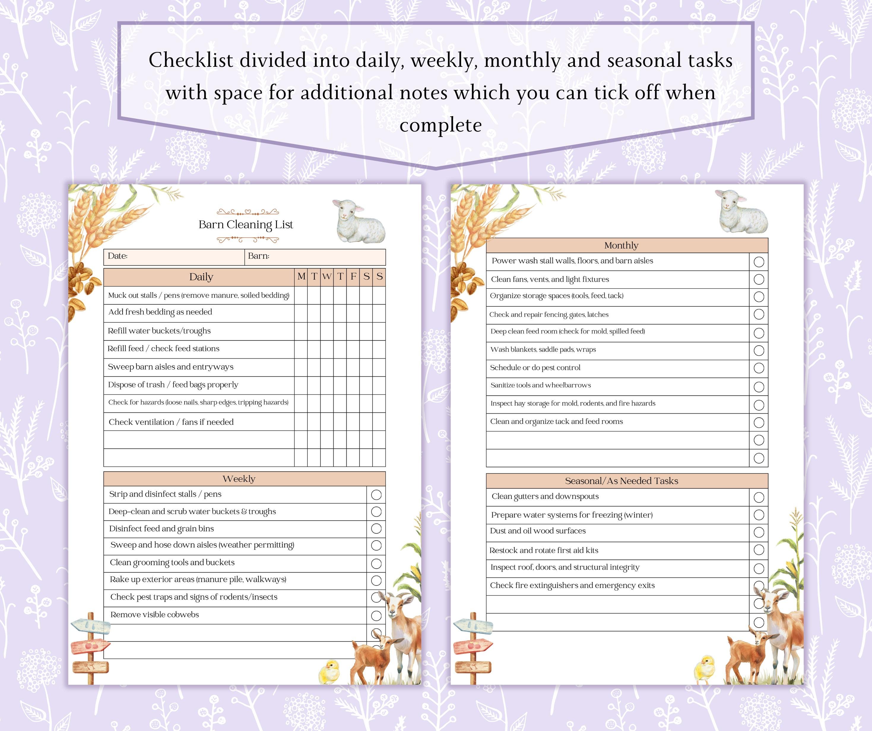 Barn Cleaning List Printable PDF | Barn Checklist | Barn Management ...